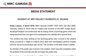 Media Statements : Incident at MRT project works – MMC Gamuda